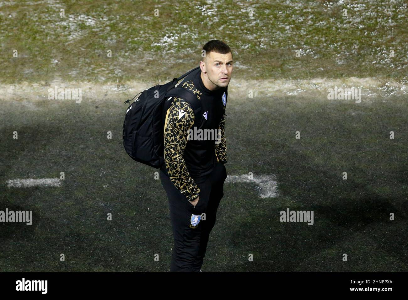 Jack Hunt #32 of Sheffield Wednesday pitch side as the players wait on ...