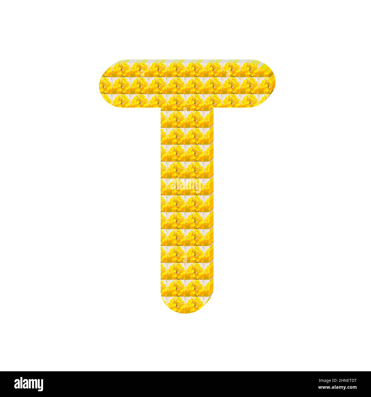 3d illustration of a letter T composed of yellow mustard flowers ...
