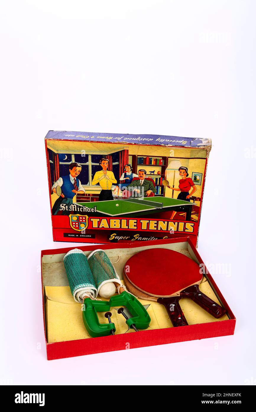 Vintage box containing St Michael table top badminton game Stock Photo ...