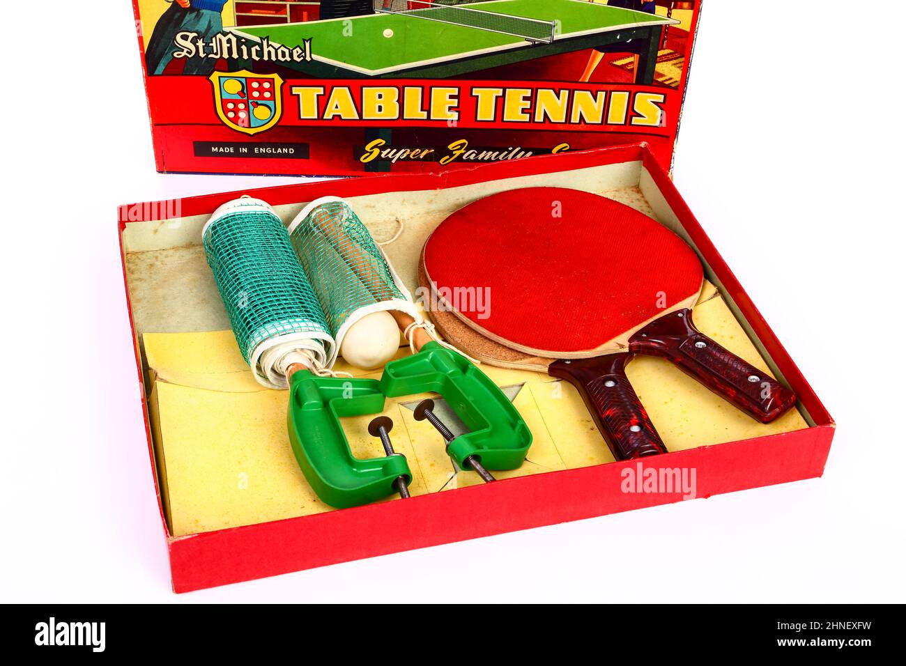Vintage box containing St Michael table top badminton game Stock Photo ...