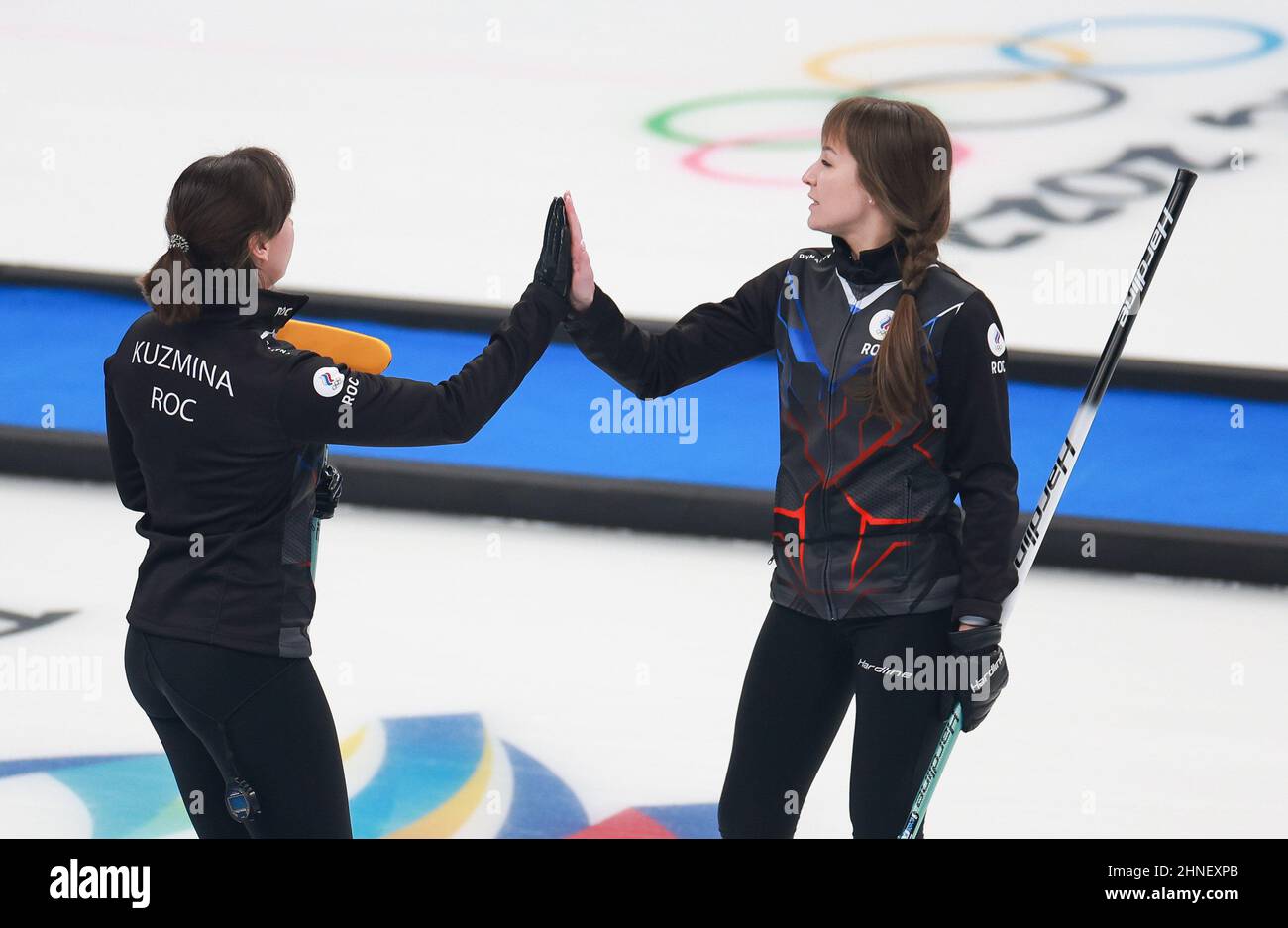 Beijing, China. 16th Feb, 2022. Sofia Mabergs (L) and Alina Kovaleva of ...