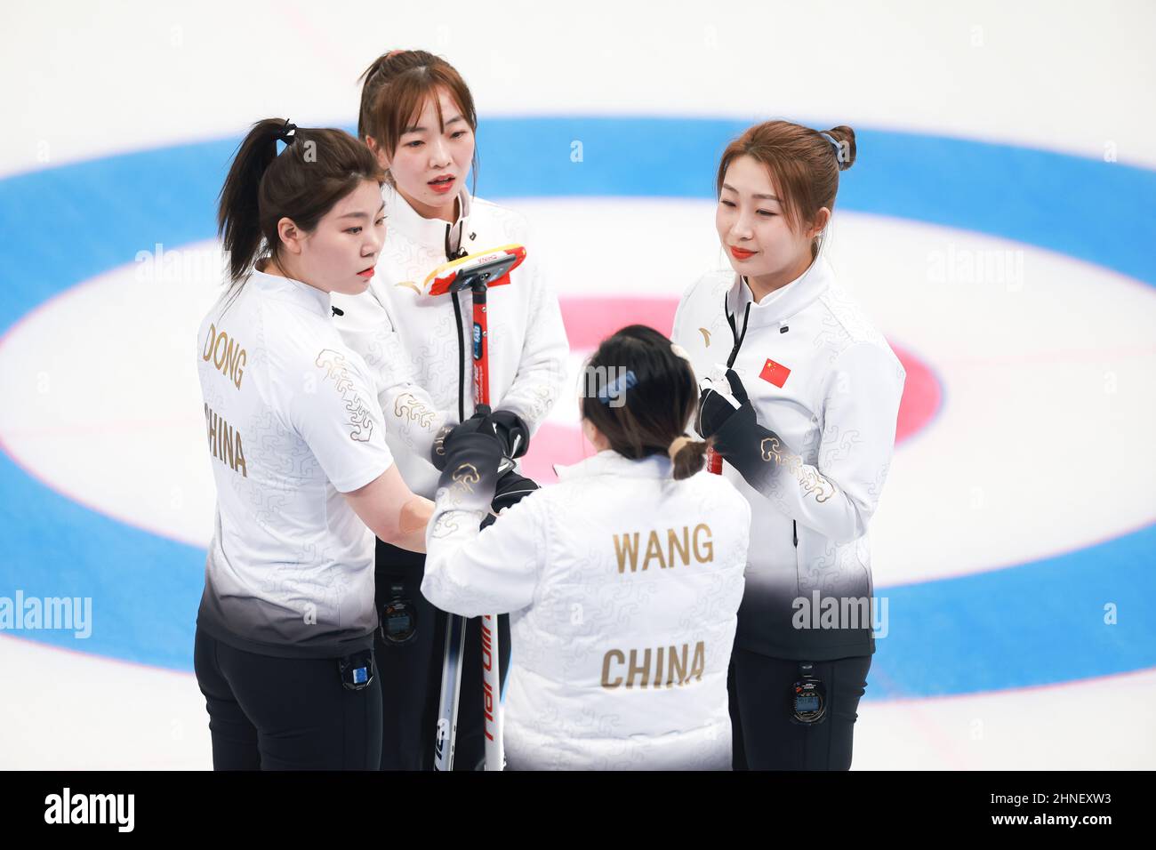 Beijing, China. 16th Feb, 2022. Dong Ziqi, Jiang Xindi, Wang Rui and Zhang Lijun (from L to R ...