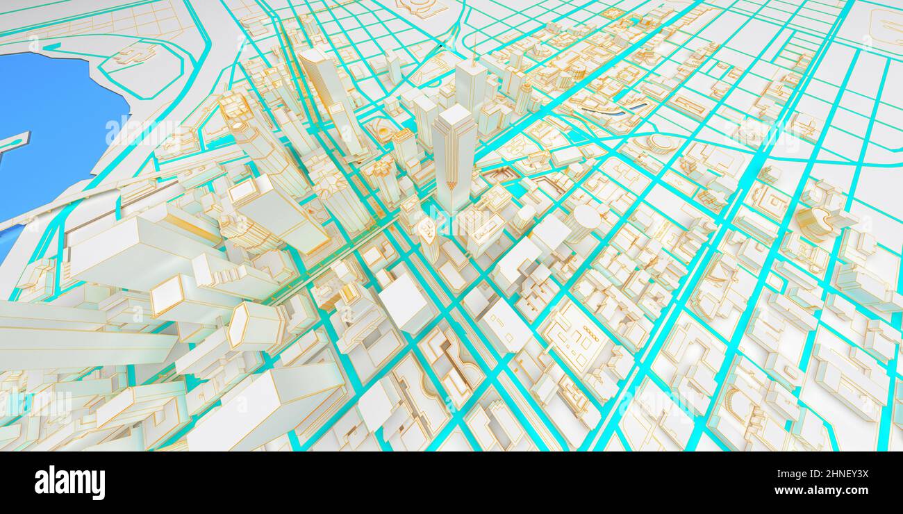 white low poly modern downtown and suburb above view. 3d rendering ...