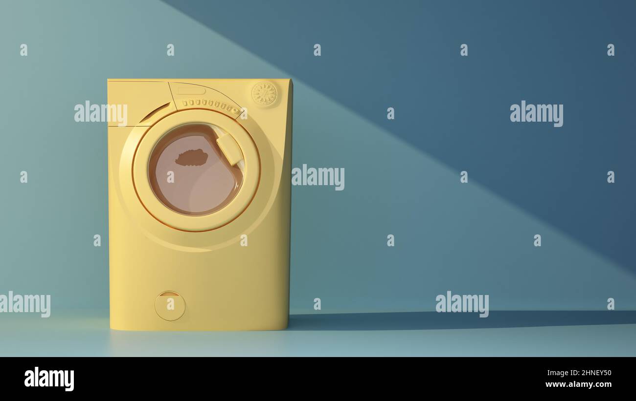 yellow washing machine on blue background with copy space. 3d rendering ...