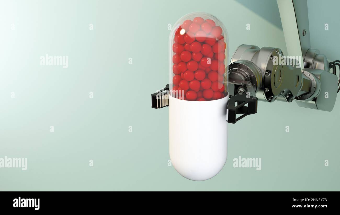 silver robotic arm holding a pill with copy space. 3d rendering Stock ...