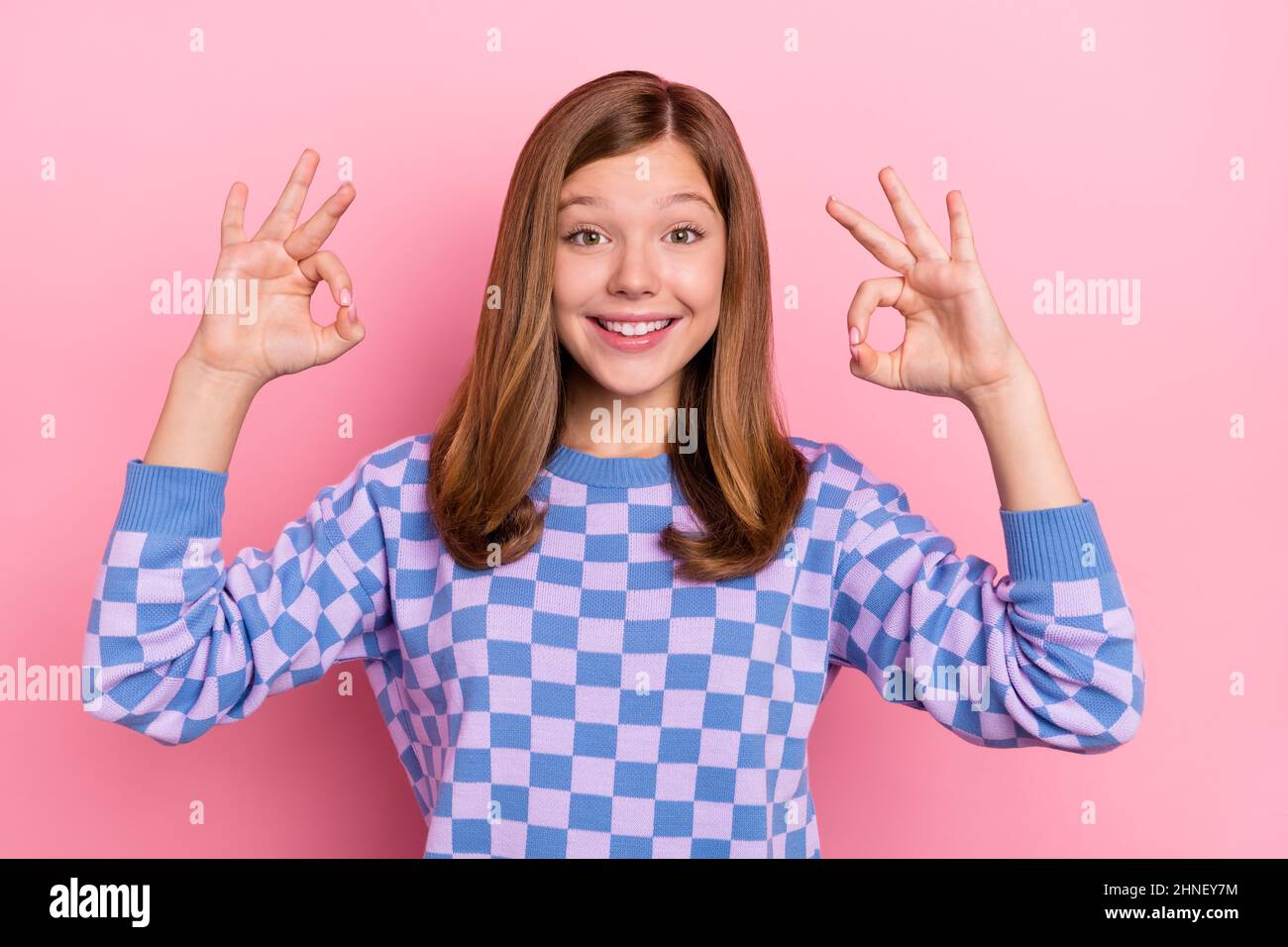Photo of young lovely girl show finger okey symbol perfect ad recommend ...
