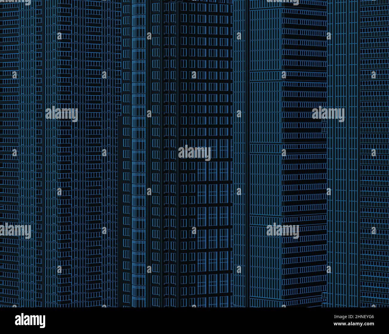 dark background with skyscraper facades in lineart style. 3d rendering ...