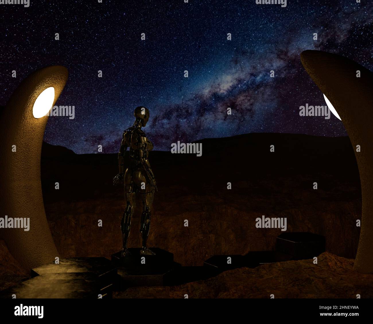 Robot walking on an alien planet. Future technology concept, artificial ...