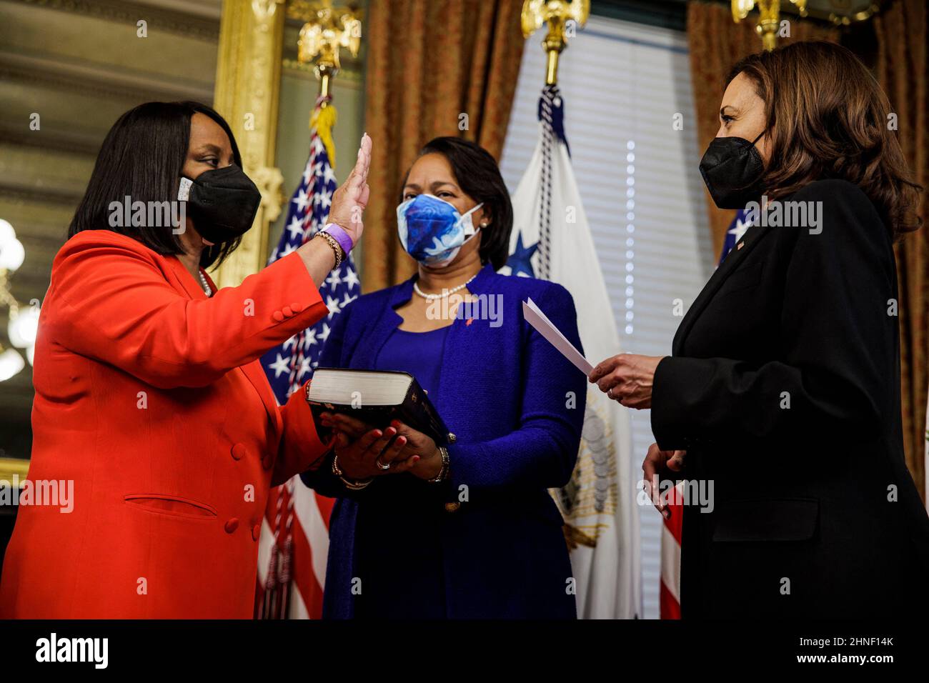 WASHINGTON, D.C. - FEBRUARY 16: US Vice President Kamala Harris (right ...