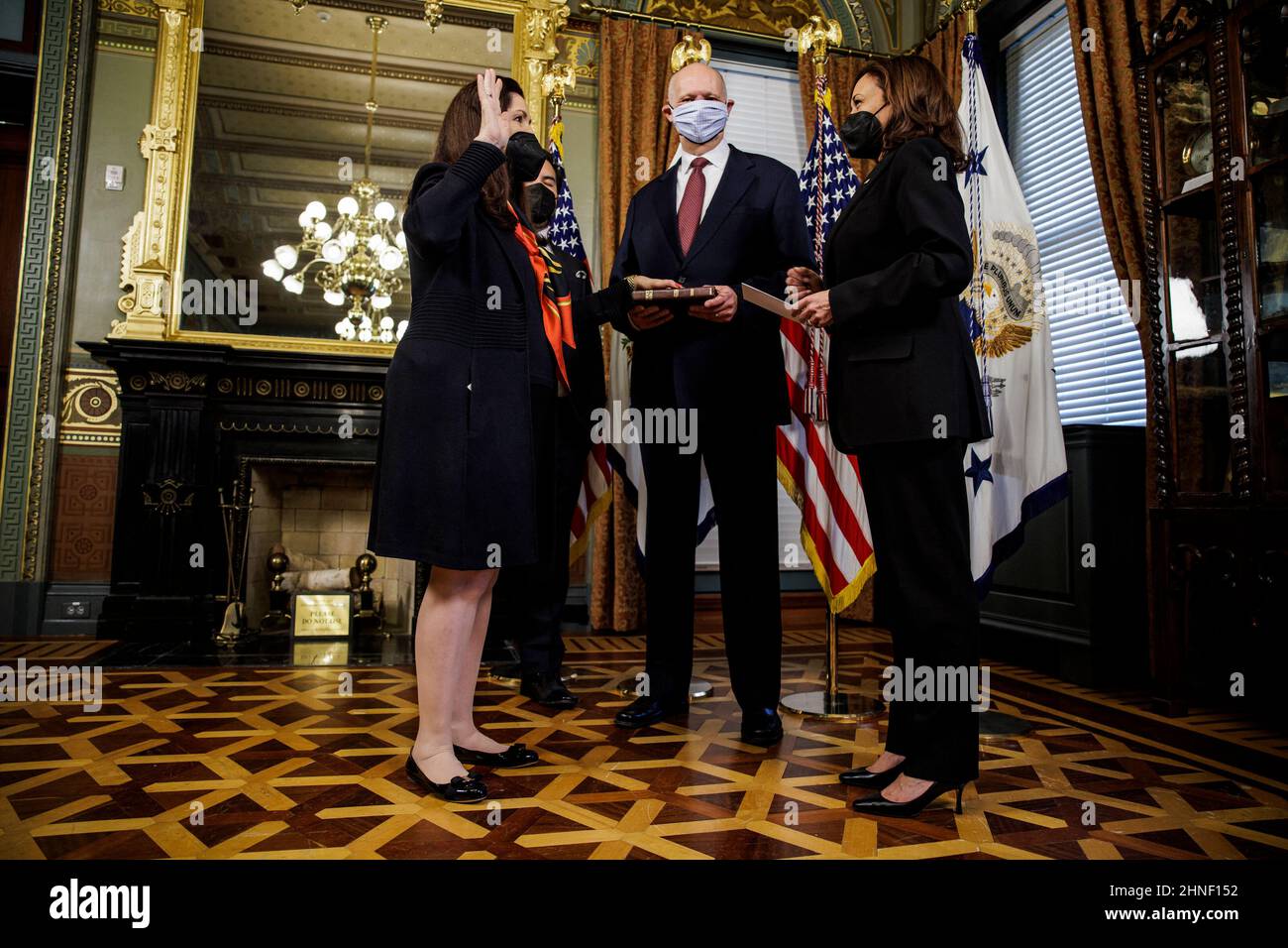 WASHINGTON, D.C. - FEBRUARY 16: US Vice President Kamala Harris (right ...
