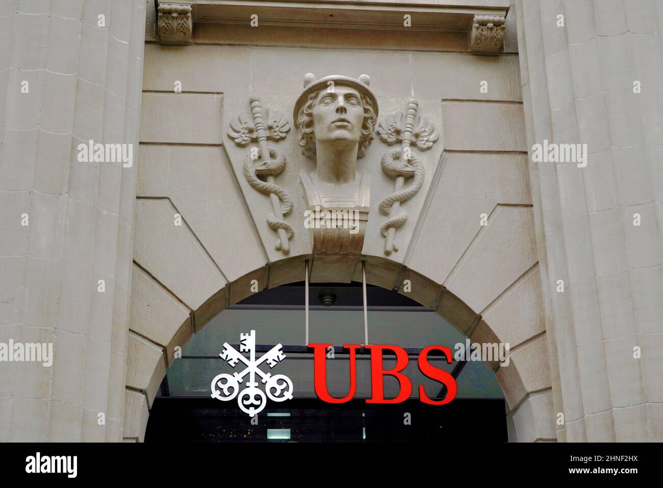 Logo of a Swiss bank UBS on facade of a historical building under a ...
