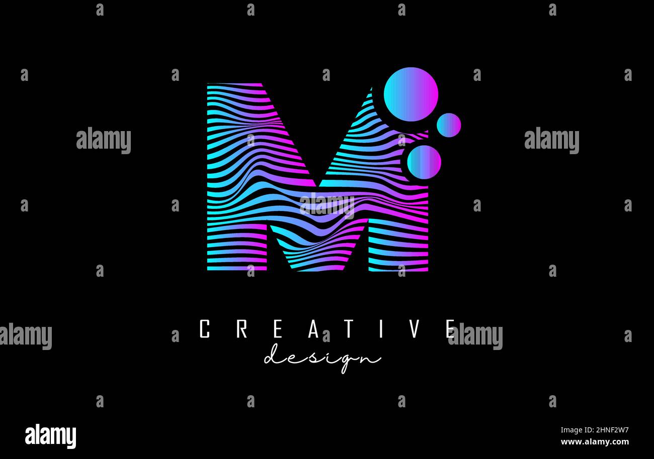 Purple Letter M logo with lines and dota. Vector illustration with ...