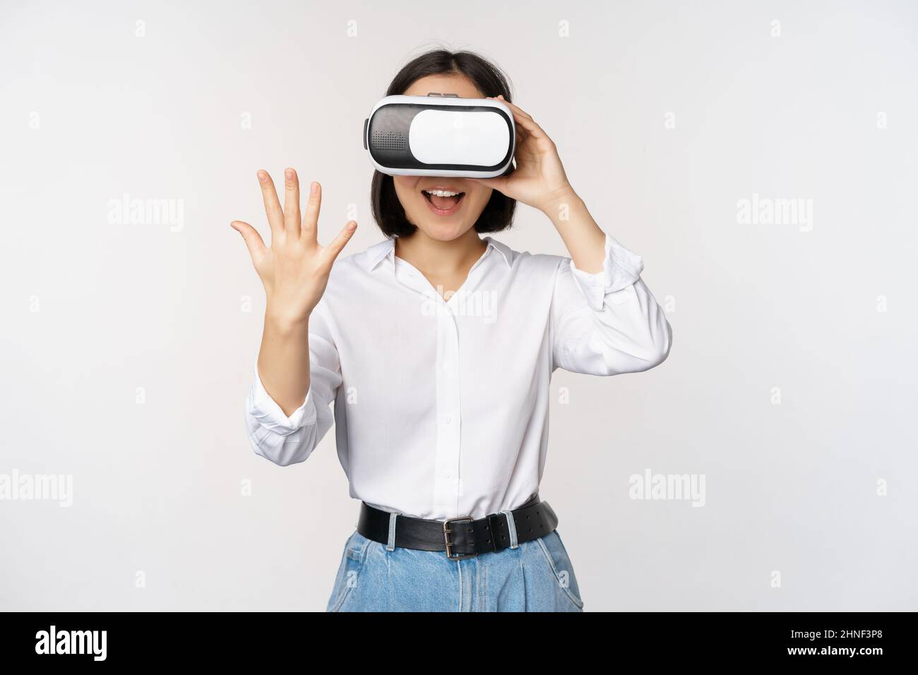 Vr Chat Asian Girl Saying Hello In Virtual Reality Glasses Smiling Enthusiastic Concept Of