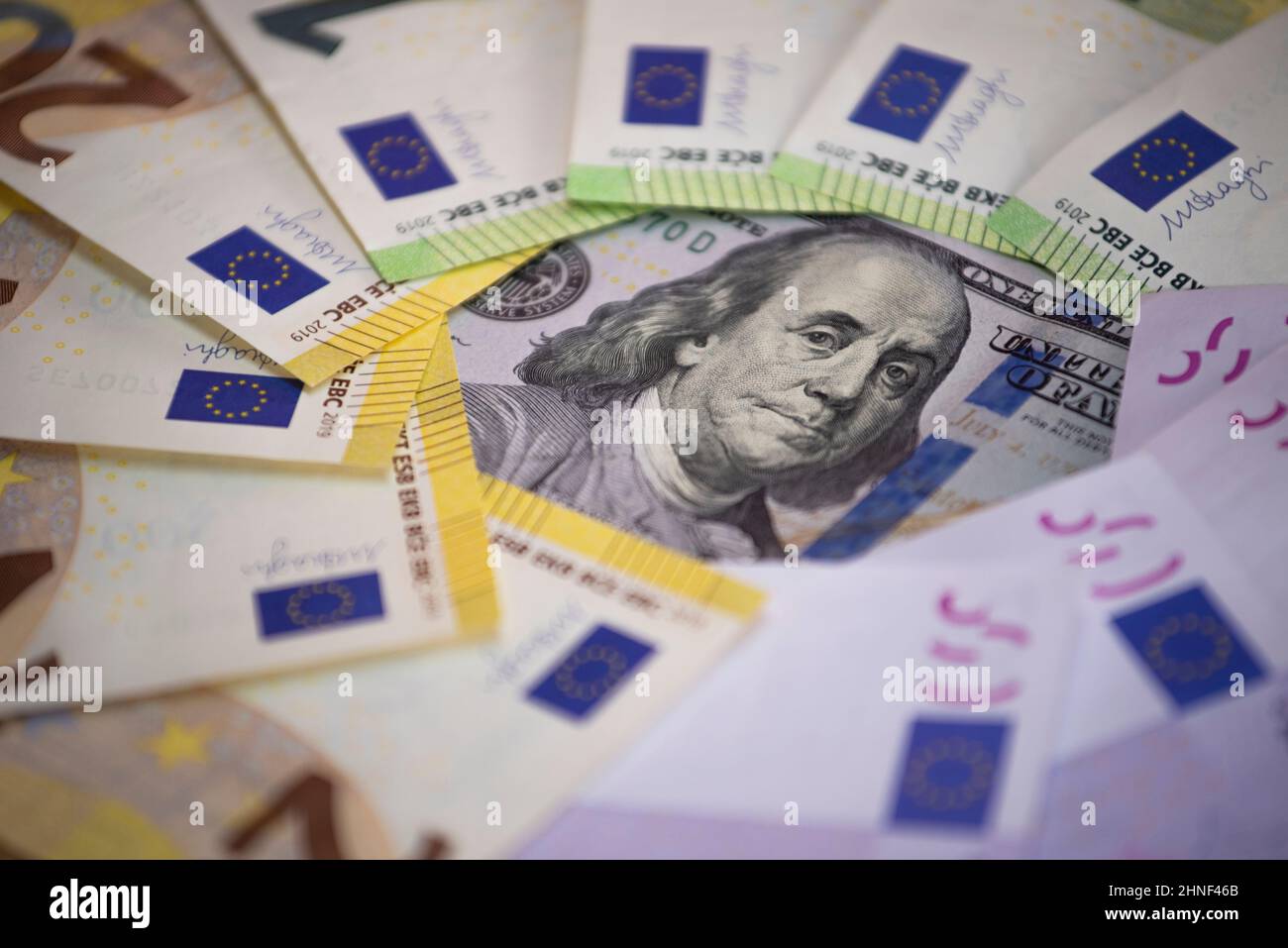 Euro dominance, american dollar in the center of a circle of euro ...