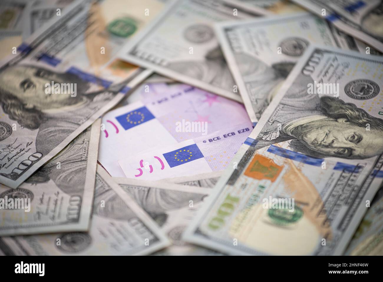 500 euro banknotes in a circle of american hundred dollar bills Stock ...