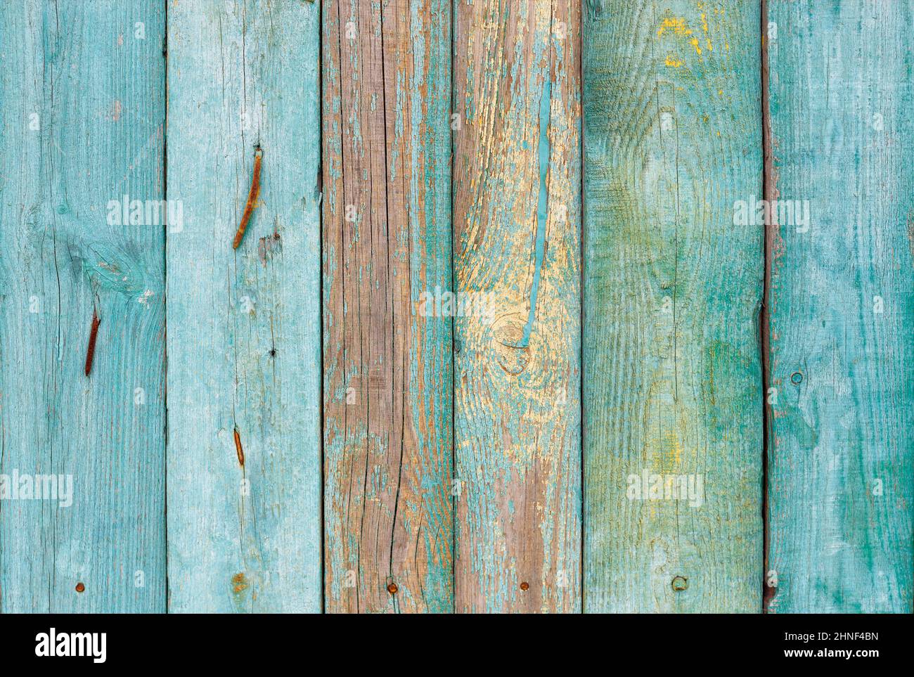 A weathered muted emerald green wooden fence with loose knots ...