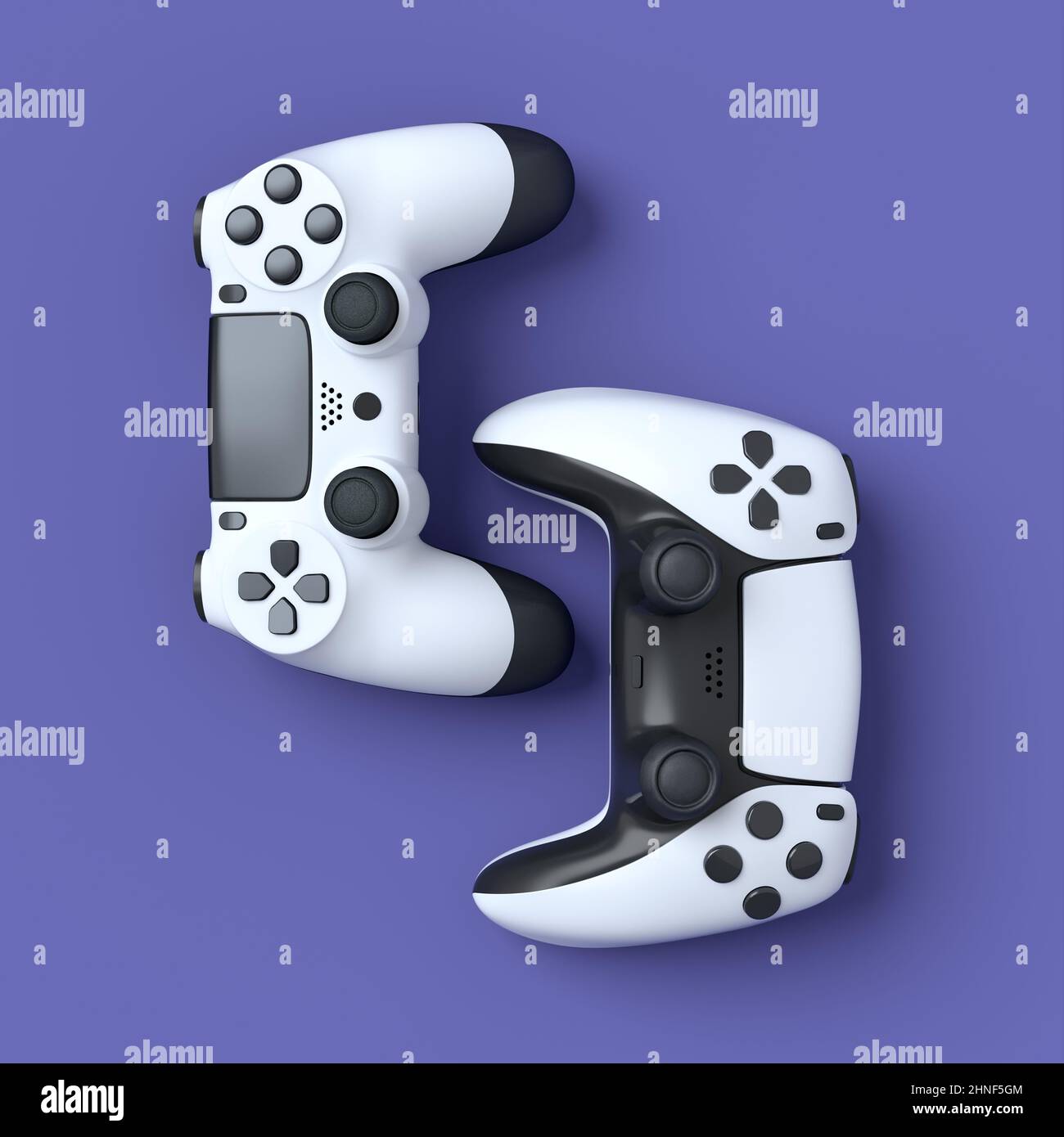 Set of lying gamer joysticks or gamepads on purple background with blur ...
