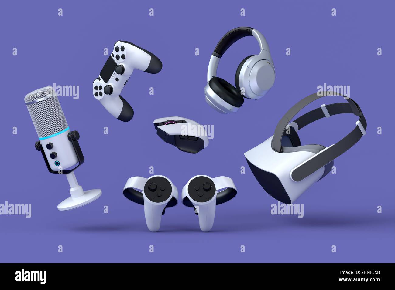 Flying gamer gears like mouse, keyboard, joystick, headset, VR Headset ...