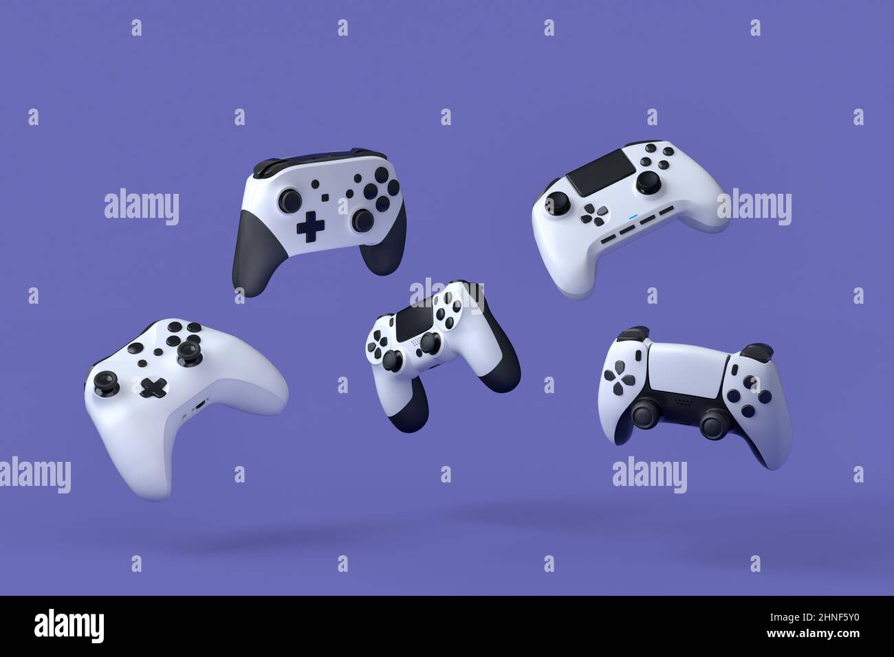 Flying gamer joysticks or gamepads on purple background with blur. 3d ...