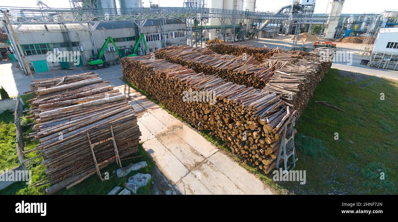 Aerial view of wood processing factory with stacks of lumber at plant ...