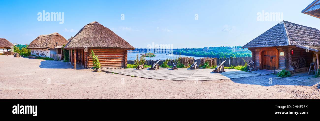 Panorama of kurin Cossack houses, timber buildings of Zaporizhian Host ...