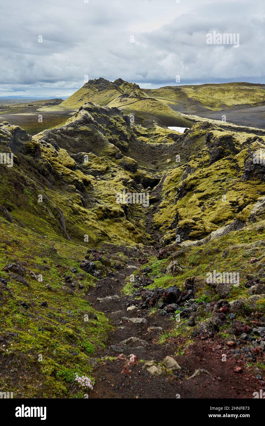 Vertical view from the top of some hills in the daytime in Lakagigar ...