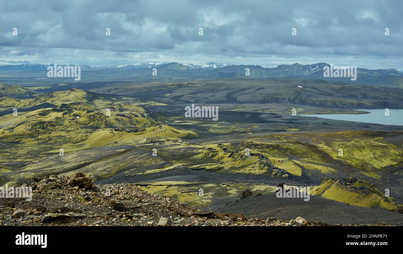 View from the top of some hills in the daytime in Lakagigar, Iceland ...