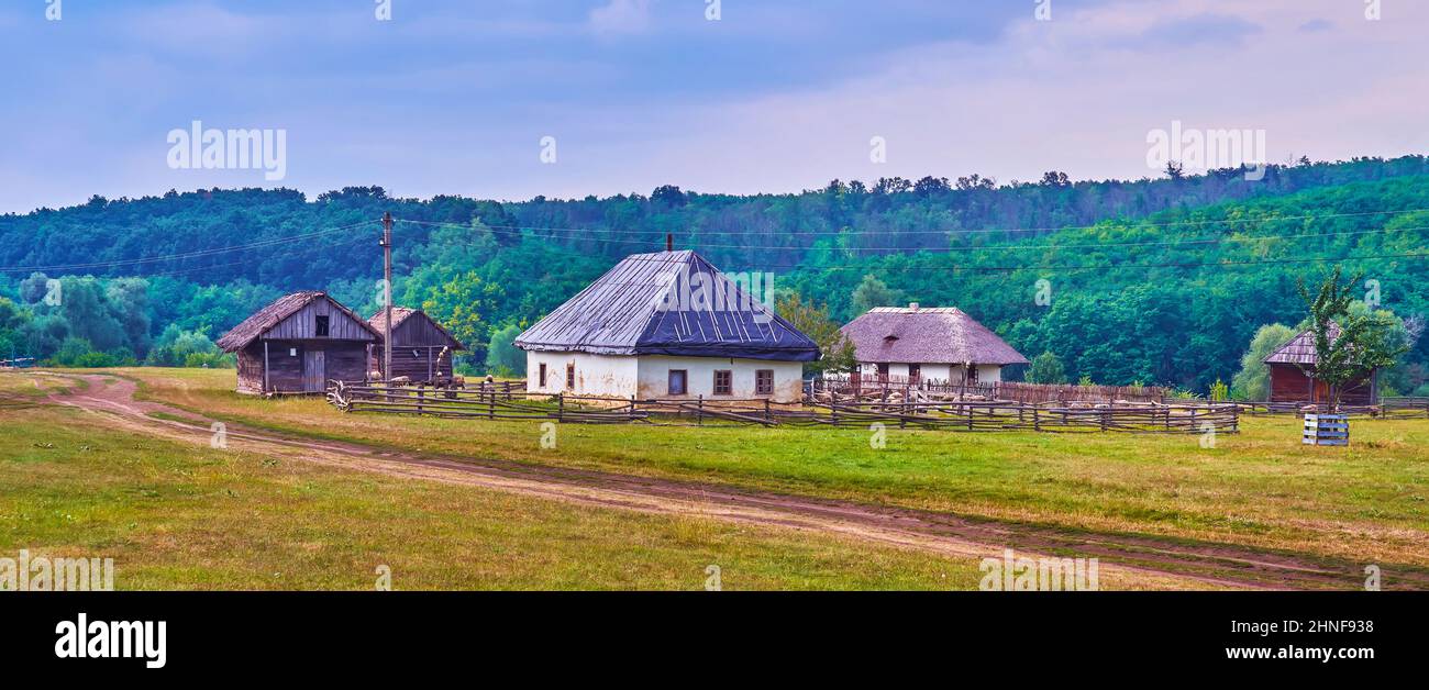 Panorama of the scenic green meadow and historic buildings of Cossack ...