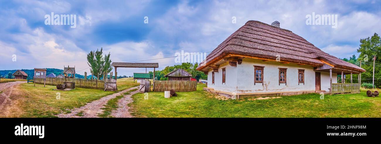 Panorama of Cossack Village Scansen with historic wooden hata houses ...
