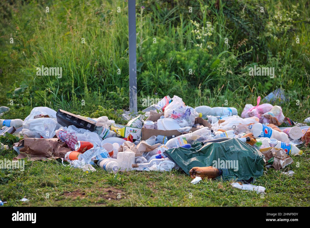 Pile of litter garbage thrown out in green grass Stock Photo - Alamy