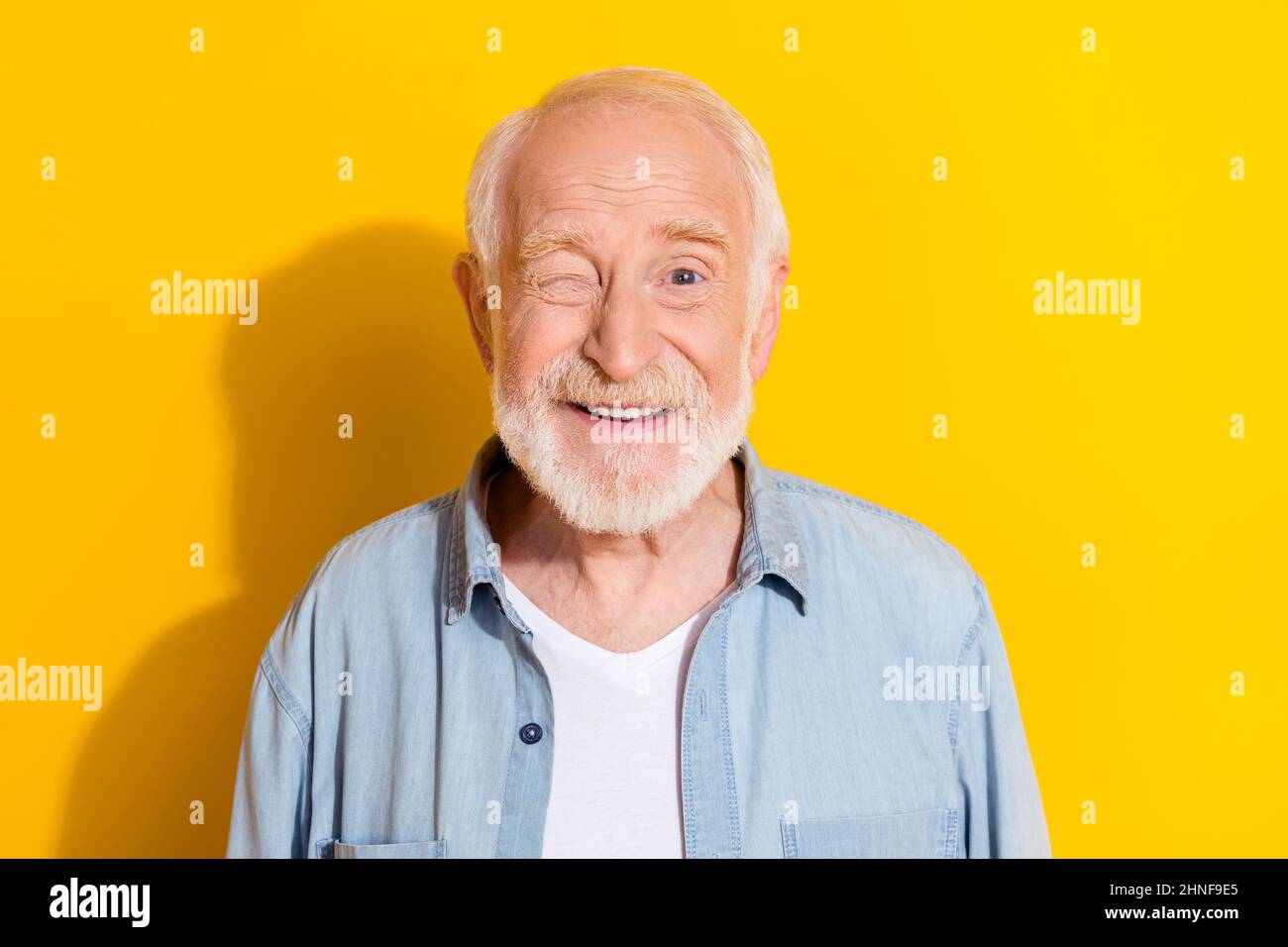 Portrait of attractive cheerful grey-haired man good mood winking ...