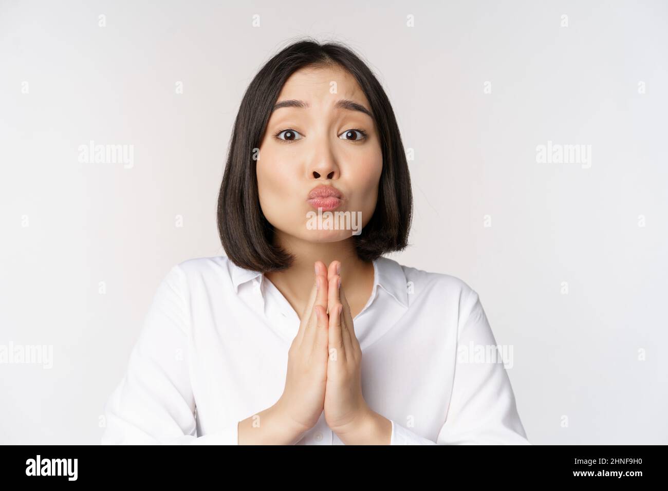 Cute Asian Woman Begging Say Please Asking For Favour Need Help