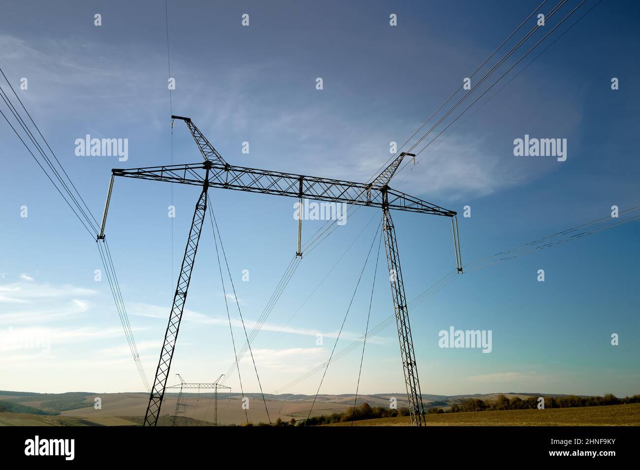 Steel pillar with high voltage electric power lines delivering ...