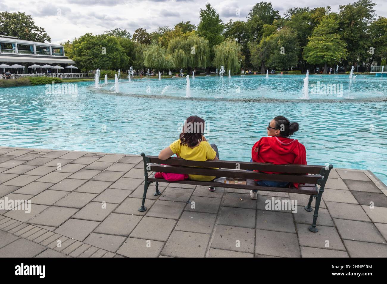 Bench over Ssinging fountains in Tsar Simeon park, Plovdiv city ...