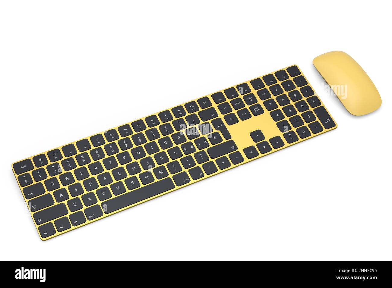 Modern gold aluminum computer keyboard with numpad and mouse isolated ...