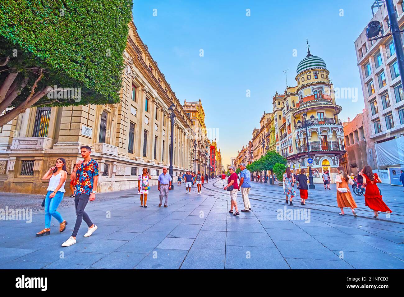 SEVILLE, SPAIN - SEPT 29, 2019: The crowded Constitution Avenue is one ...
