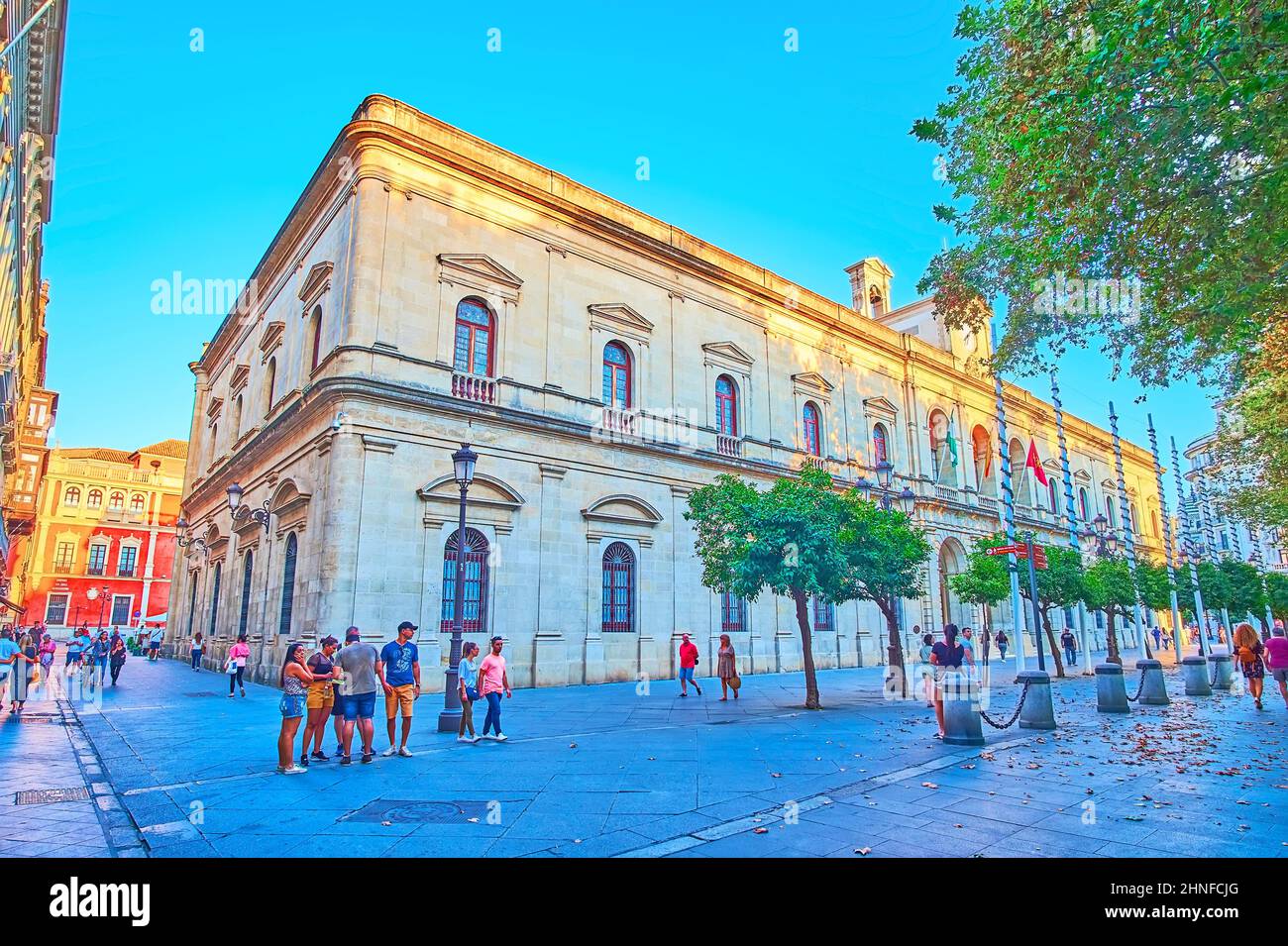 SEVILLE, SPAIN - SEPT 29, 2019: The facade of the City Hall, facing ...