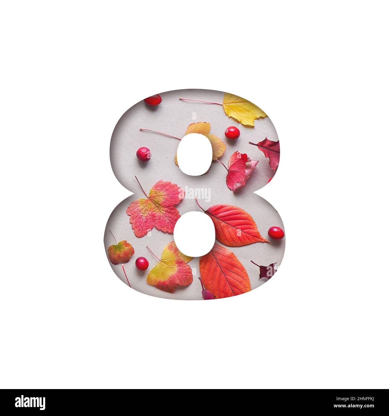 Number eight shape cut out of white paper. Red, yellow, orange Autumn ...