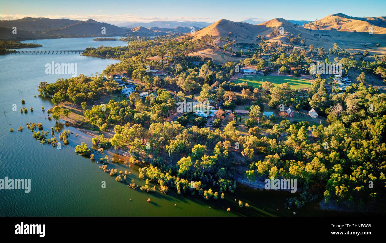 Aerial view of the Lake Eildon in morning light at Bonnie Doon Victoria ...