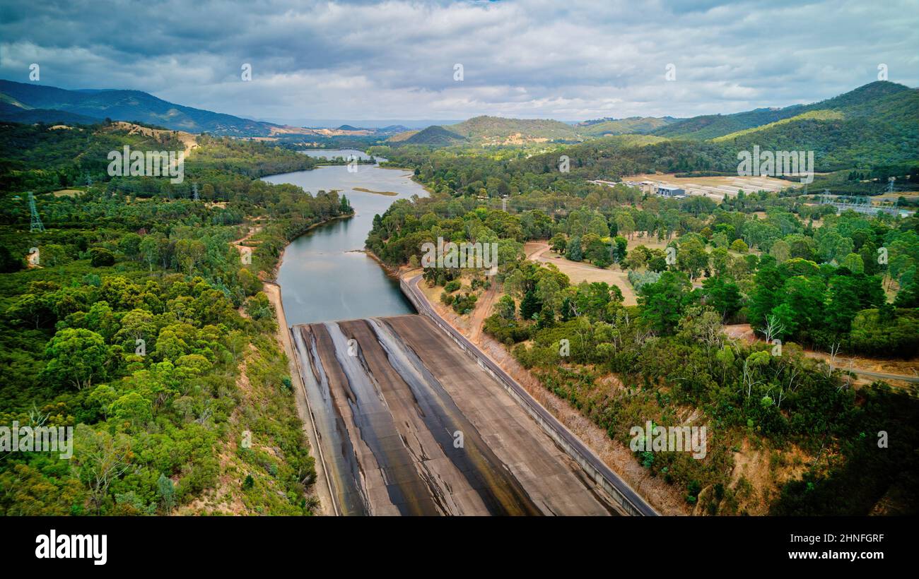 Aerial view of the Lake Eildon hydroelectric infrastructure dam and ...