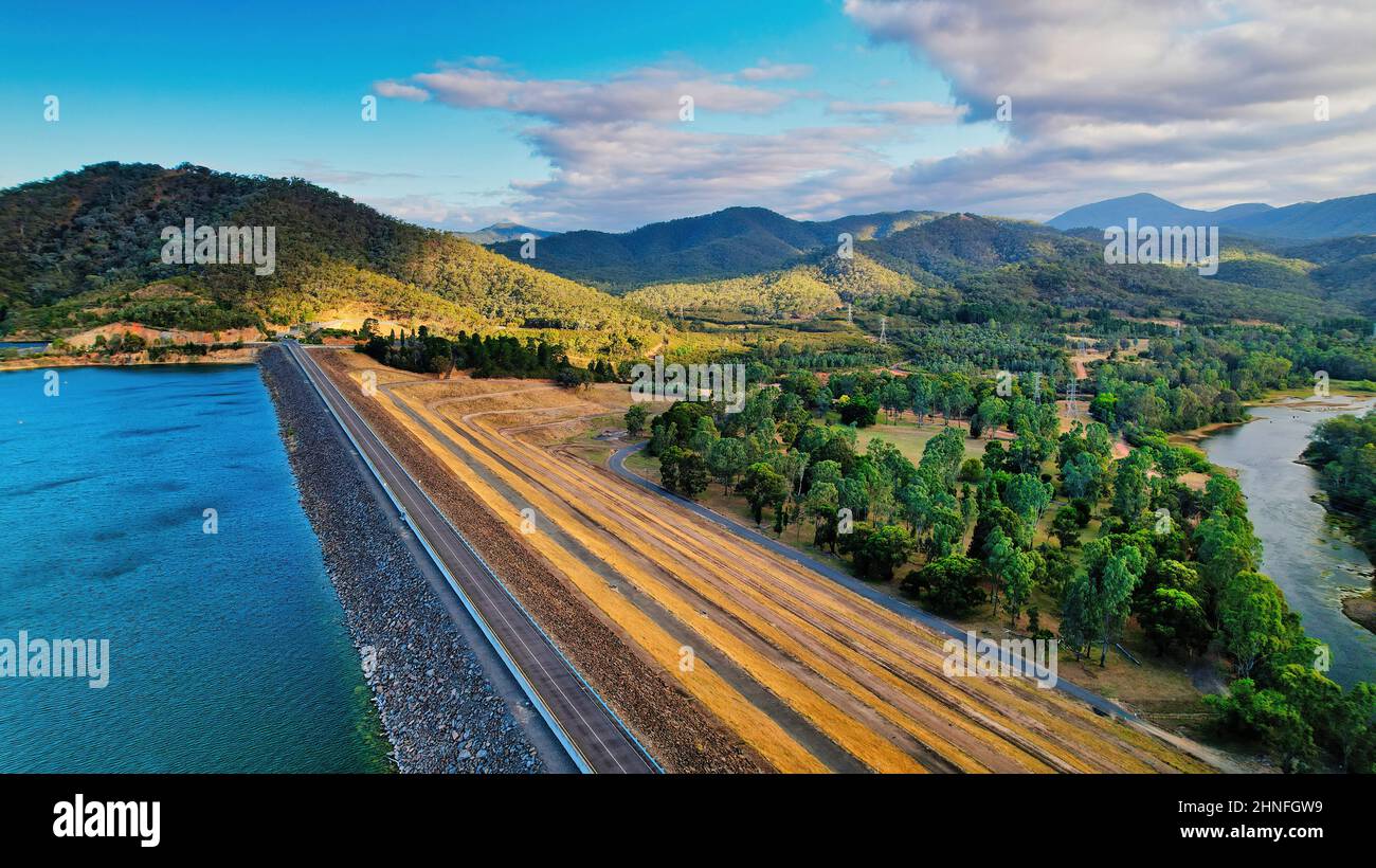 Aerial view of the top of the Eildon dam hydro electric infrastructure ...