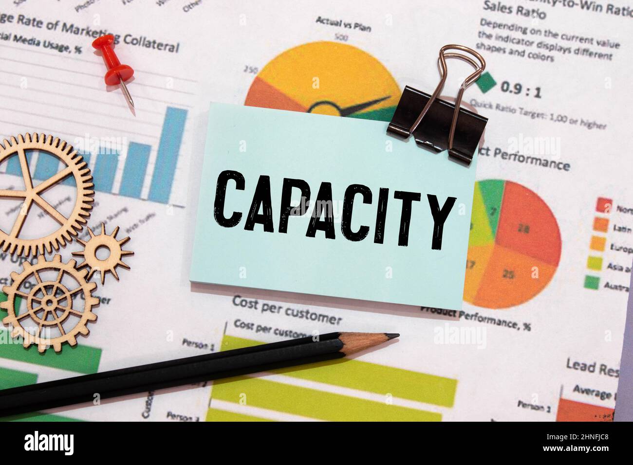 capacity, text on white paper on torn craft paper background ...