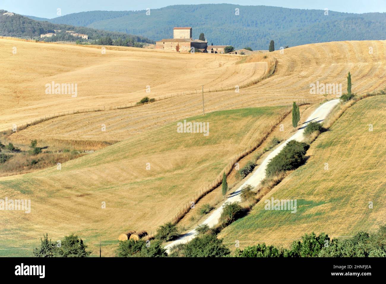 Harvested wheat fields, landscape south of Pienza, Tuscany, Italy Stock ...