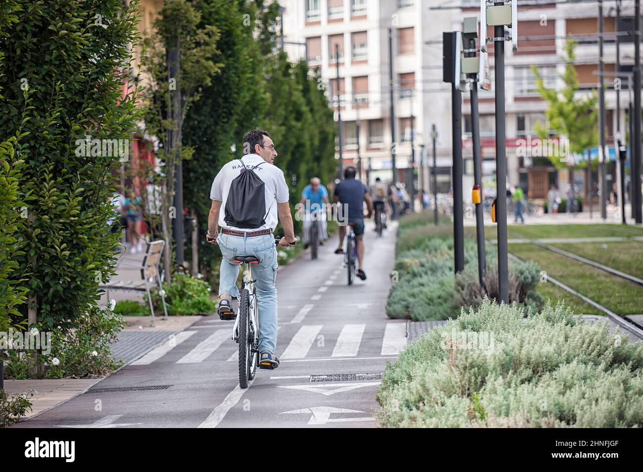 Mobility in the city Vitoria, bicycles, cars and people moving around ...