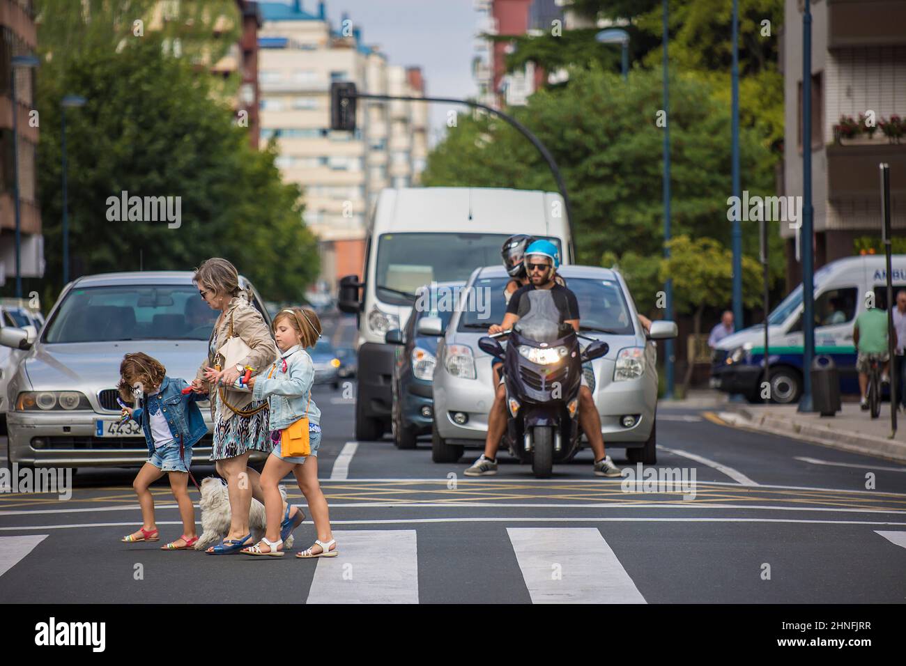 Mobility in the city of Vitoria, bus, cars and people moving around the ...