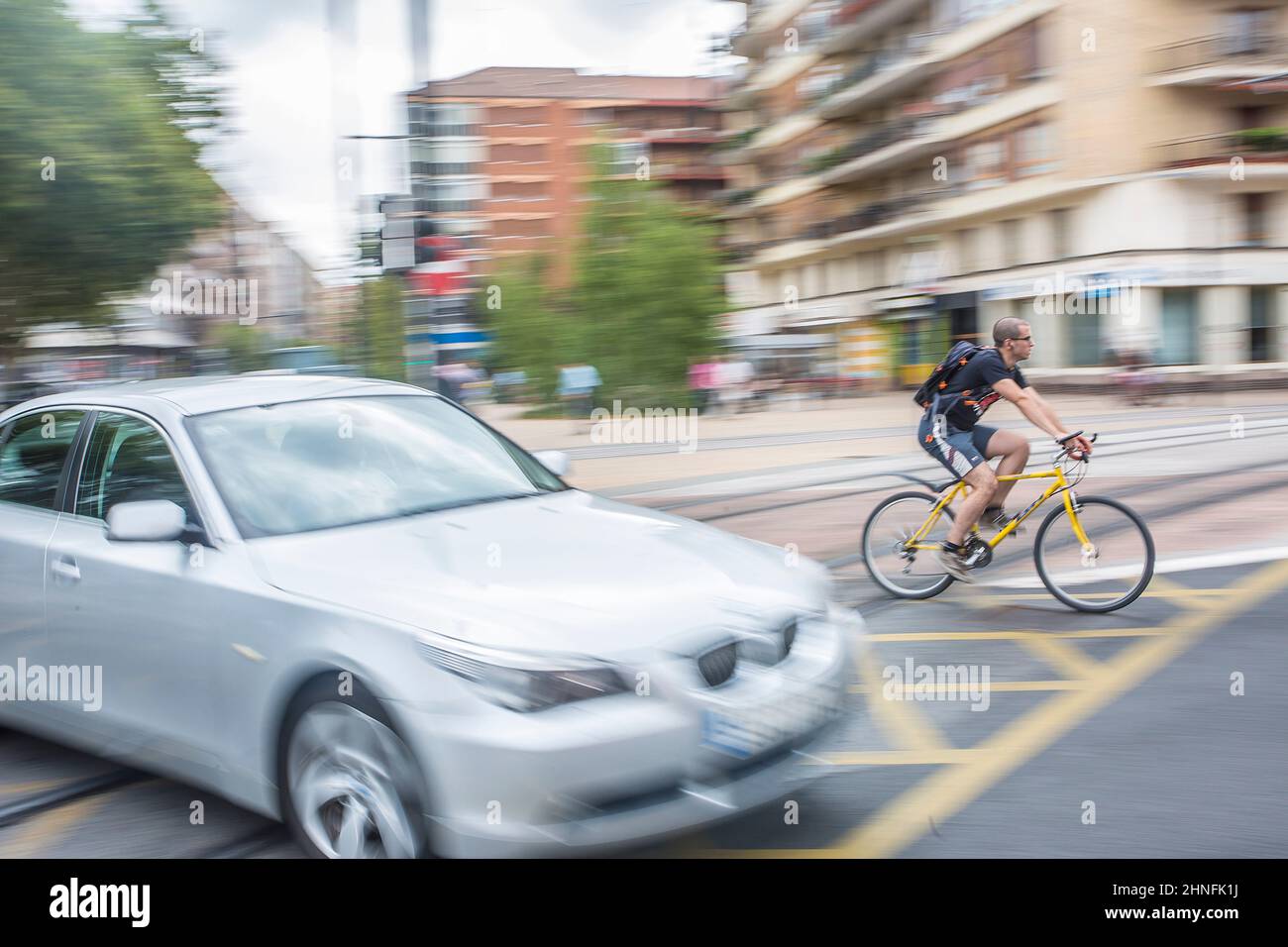 Mobility in the city Vitoria, bicycles, cars and people moving around ...