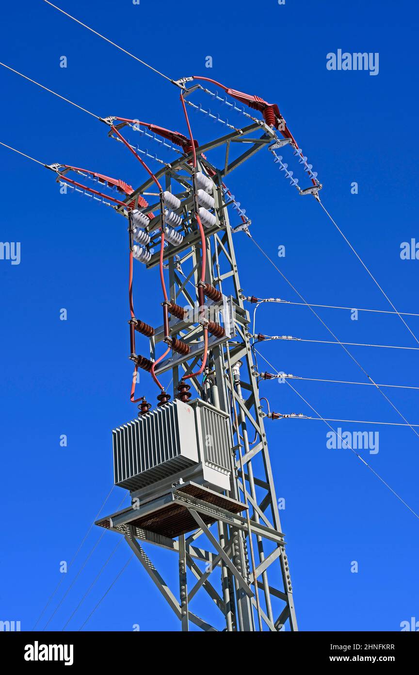 High-voltage pylon with transformer, Allgaeu, Bavaria, Germany Stock ...