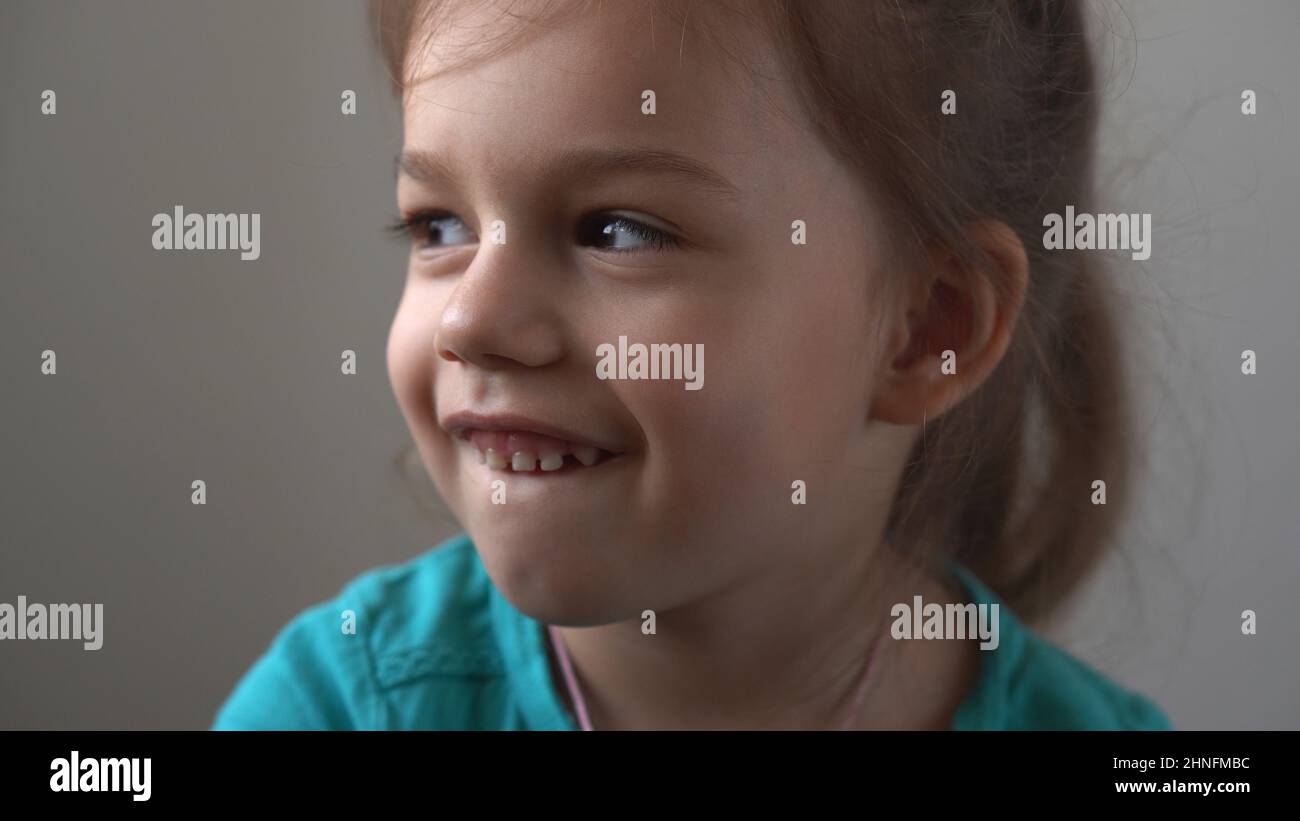 Portrait Funny little close up view happy preschool girl smiling child ...