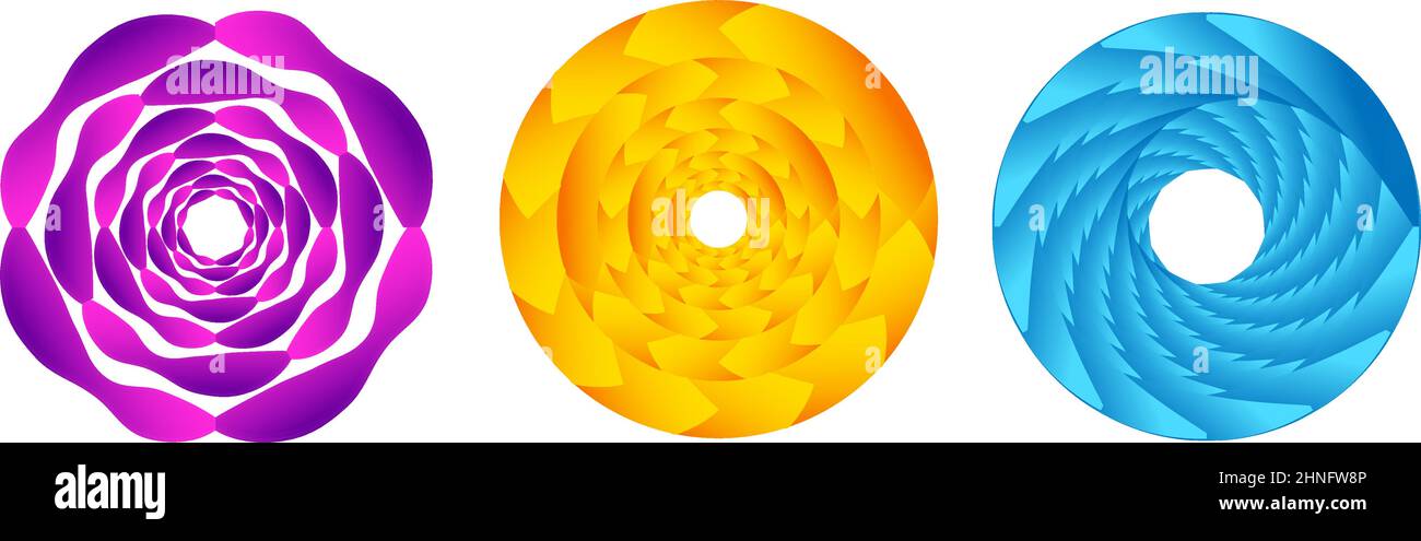 Set of 3 abstract geometric circle icon. Spiral, swirl, twirl circular ...