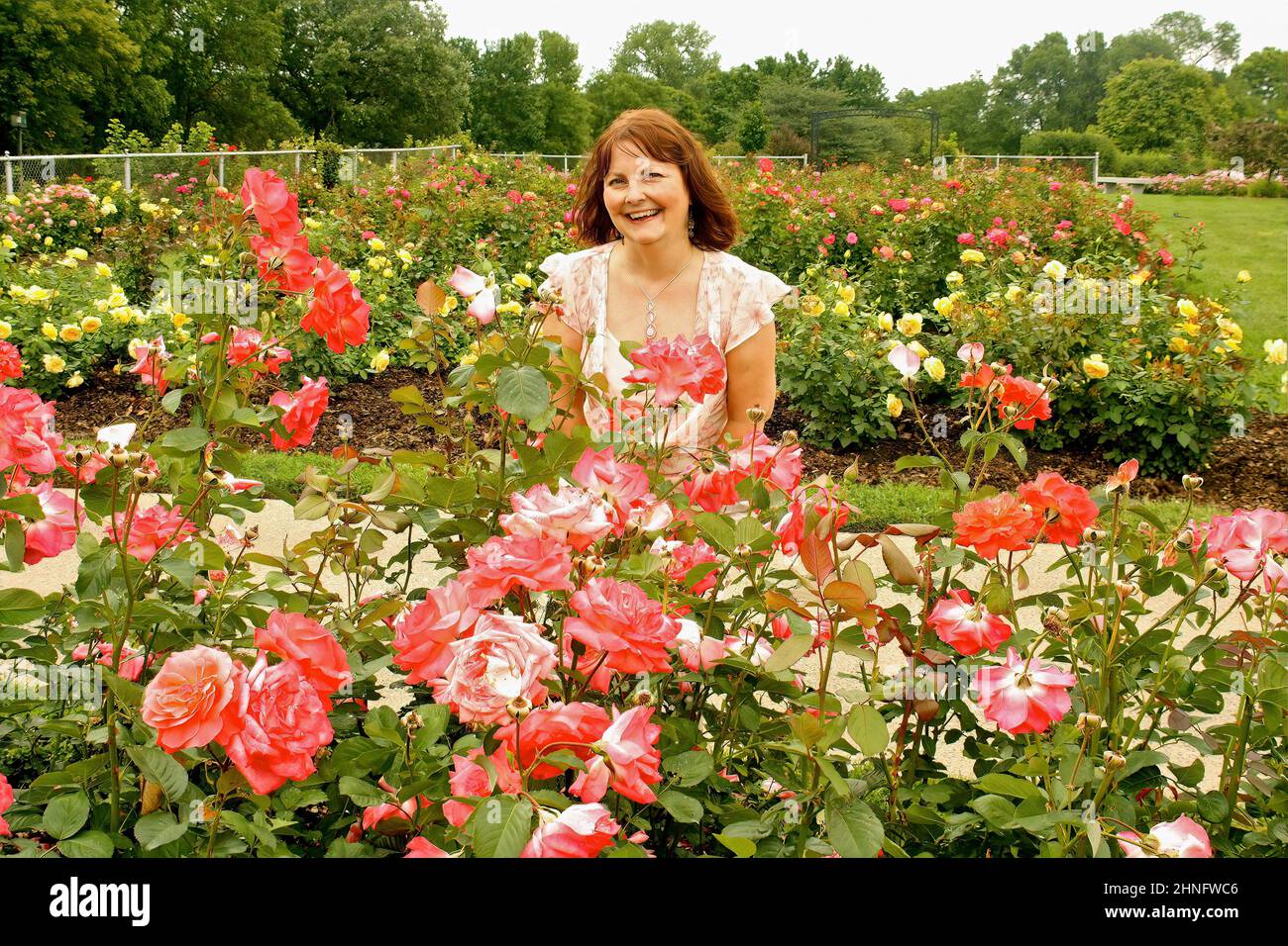 Pretty woman posing with the beautiful roses at the Lyndale Rose Garden ...